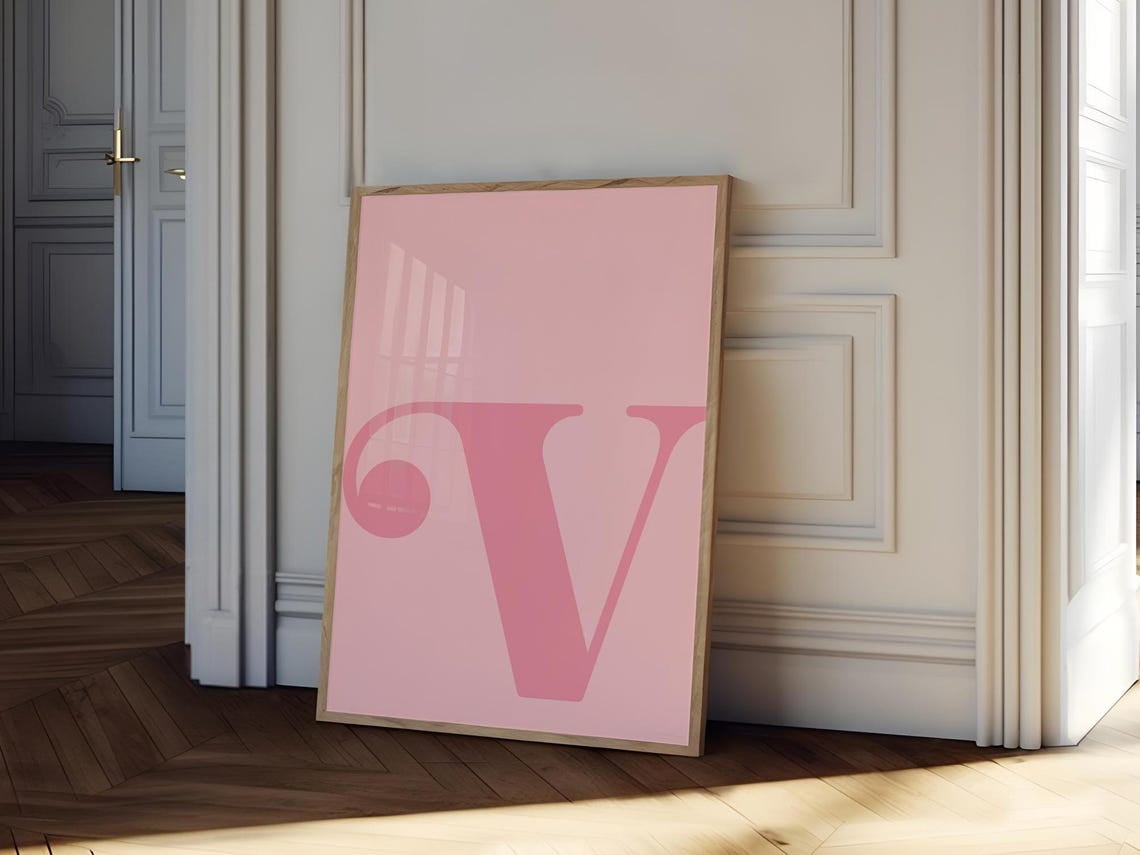 Letter V Poster, Pink Alphabet Letter Print, Initial Letter Wall Art ...