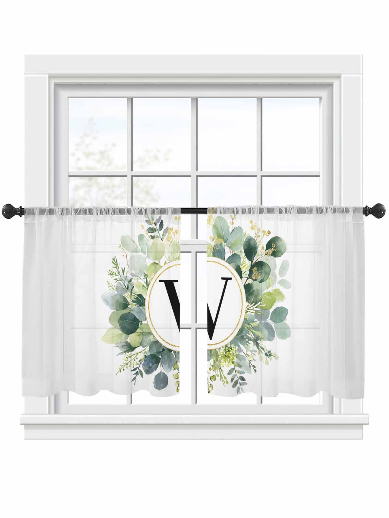 Letter V Sheer Curtains 54 inches Long, Alphabet Green Eucalyptus ...