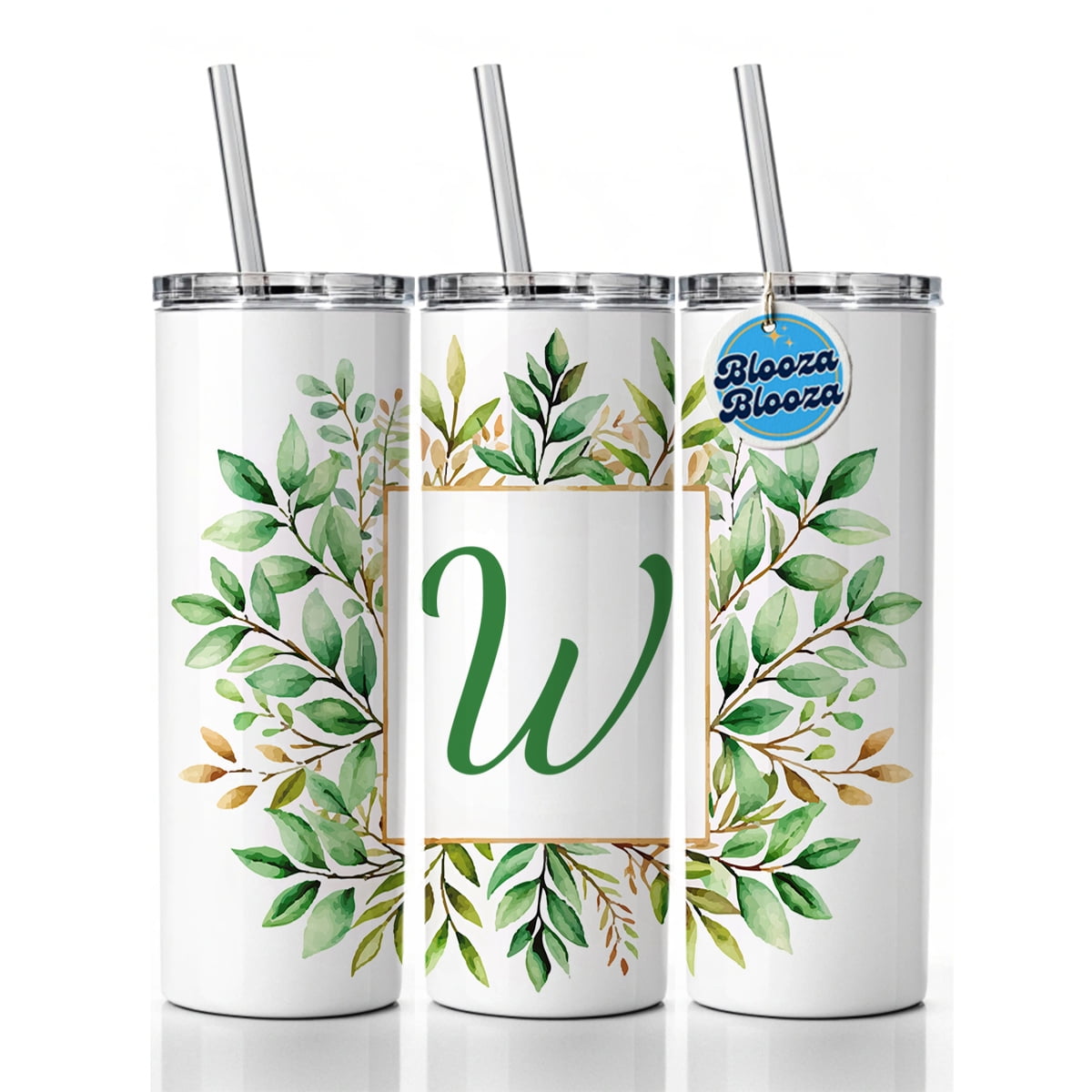 Letter W Initial Monogram Frame Leaf 20oz Insulated Water Bottle Skinny ...