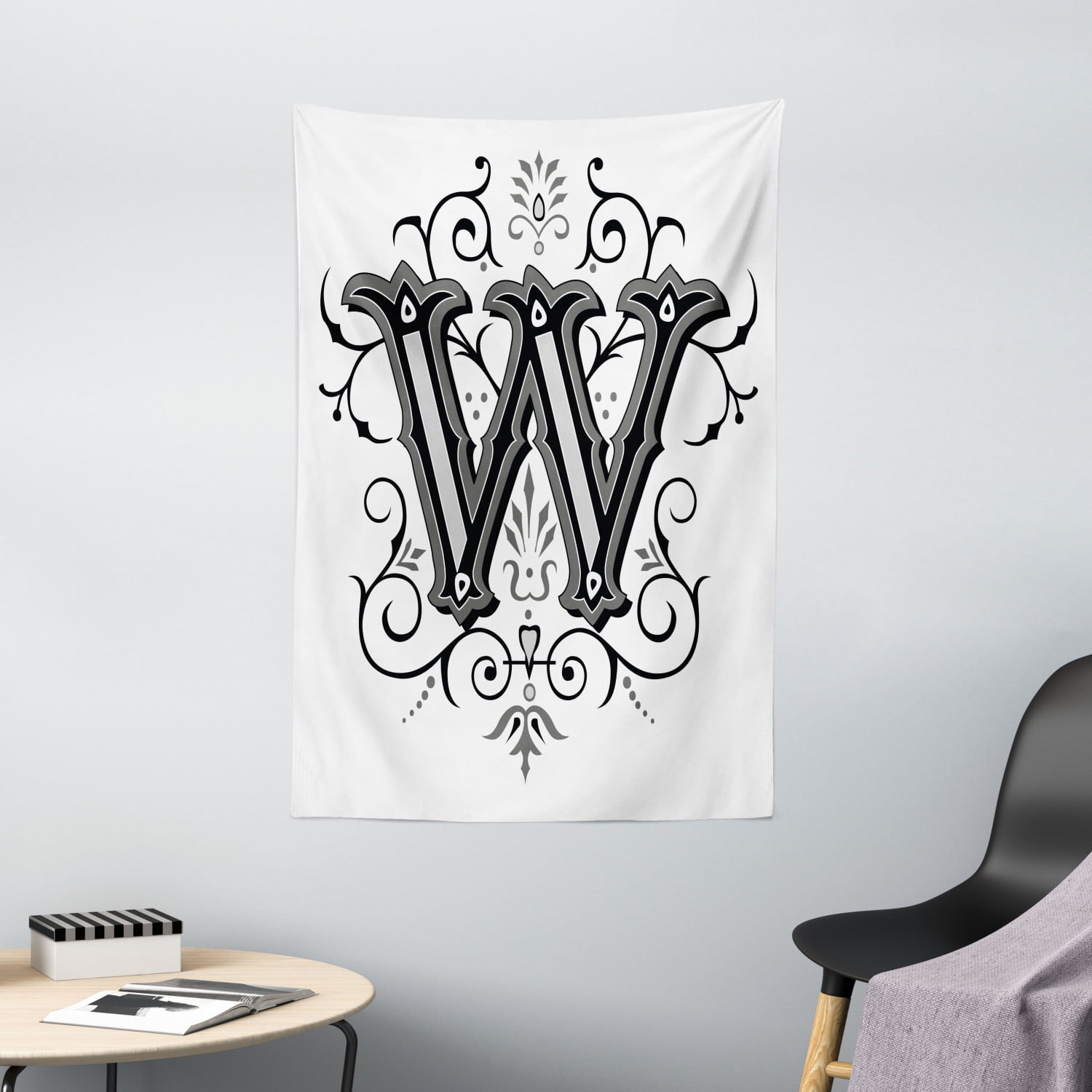 Letter W Tapestry, Capitalized Letter W with Symmetrical Ornaments ...