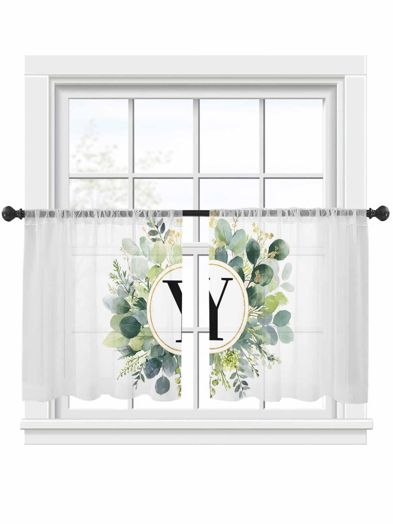 Letter Y Sheer Curtains 45 inches Long, Alphabet Green Eucalyptus ...