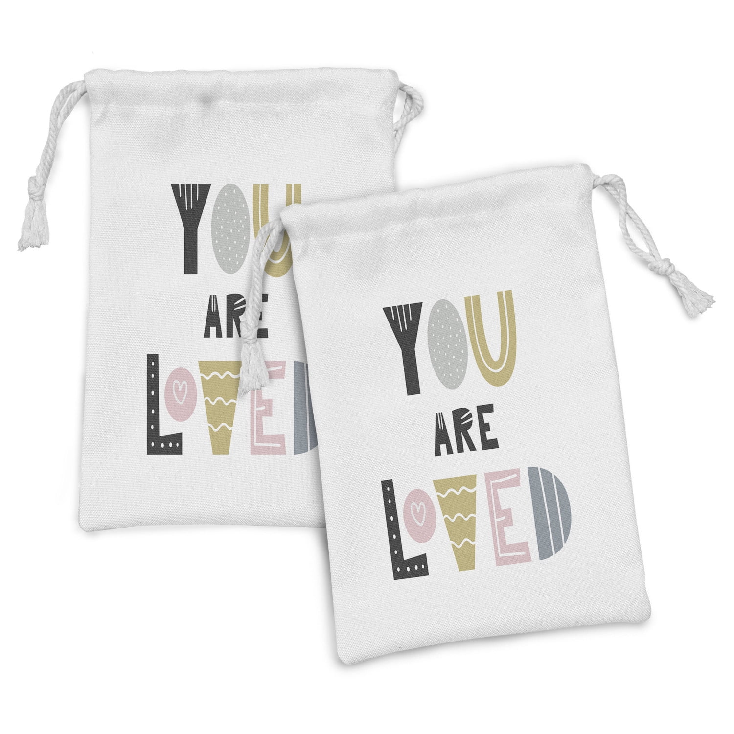Lettering Fabric Pouch Set of 2, Doodle You Are Loved Typography Hand ...