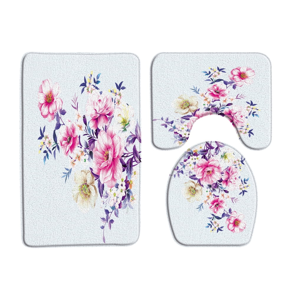Letters And Pink Flowers Bath Mat 3 Piece Set Bathroom Rugs Bathtub ...