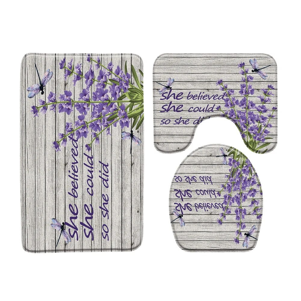 Letters Inspirational Quotes On Wood Grain Bath Mat 3 Set Plant Floral ...