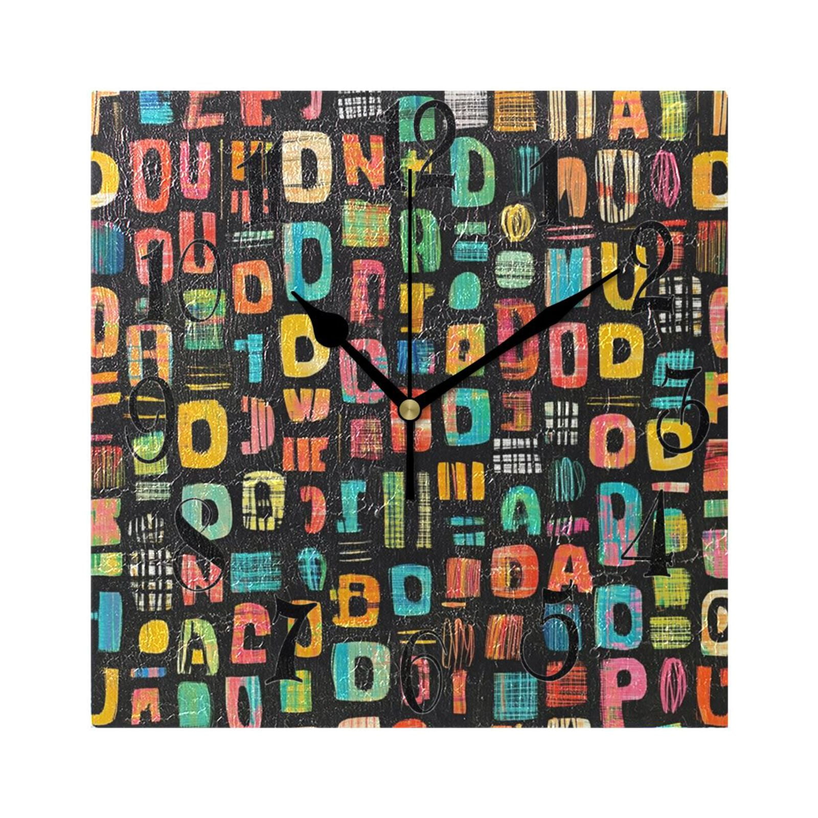 Letters Words Wall Clock Decorative Square Silent Non-Ticking Operated ...