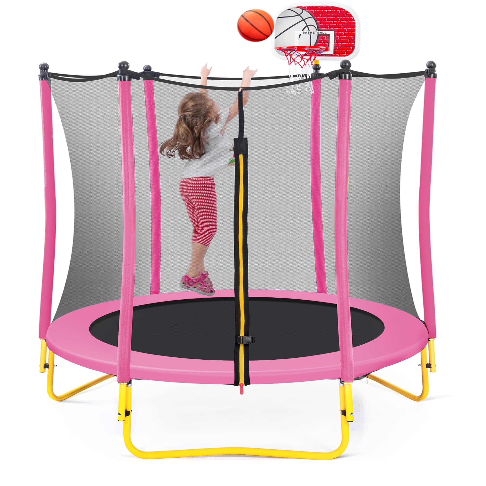 Leuco 66" Trampoline for Kids with Basketball Hoop, Rubber Ball and ...