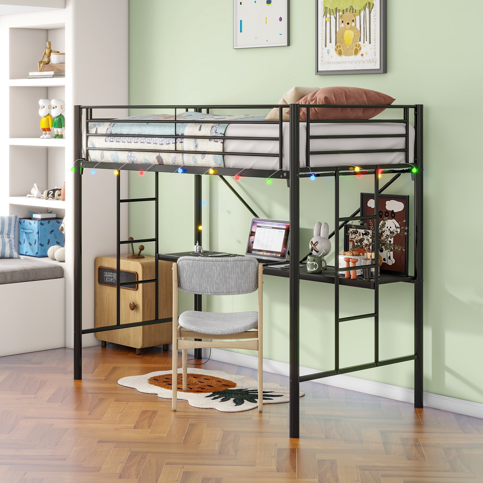 Leuco Metal Loft Bed with Desk, Power Outlet, and LED Lighting ...