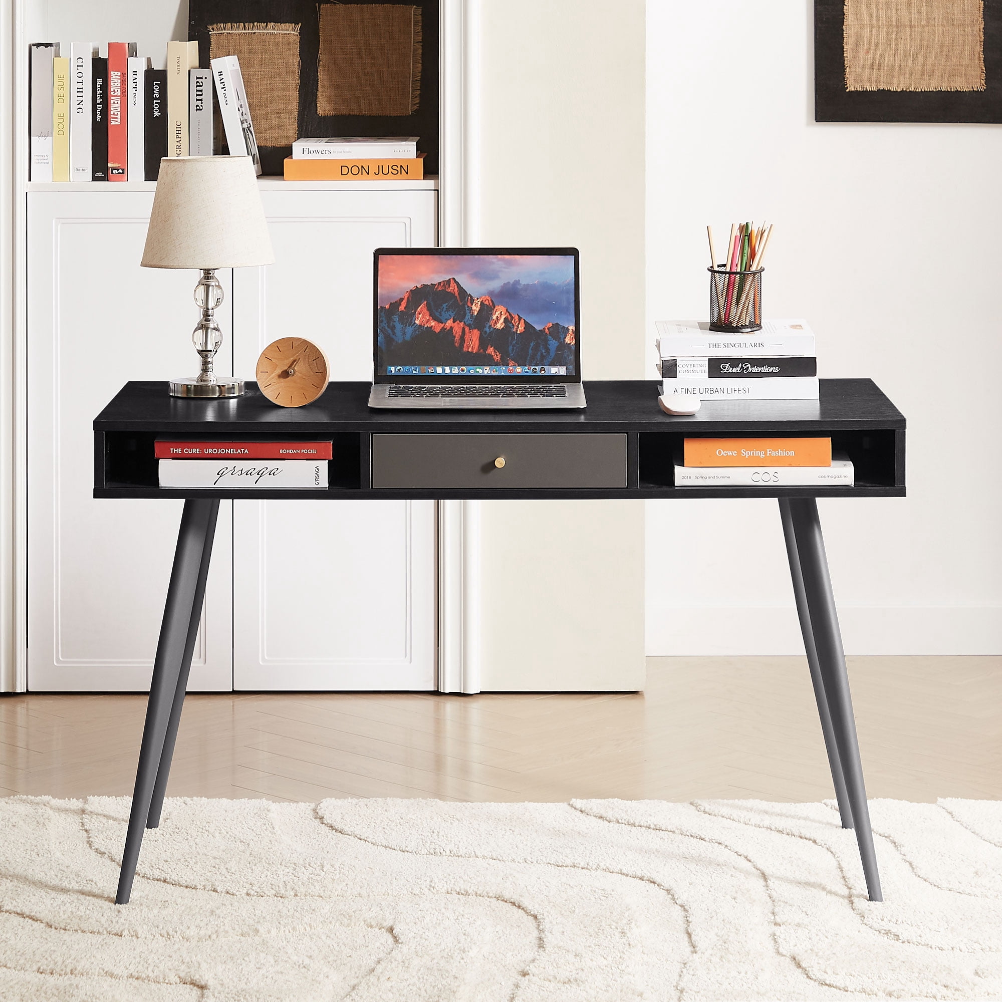 Leuco Mid Century Black Office Desk with USB Ports & Power Outlet, 2 ...