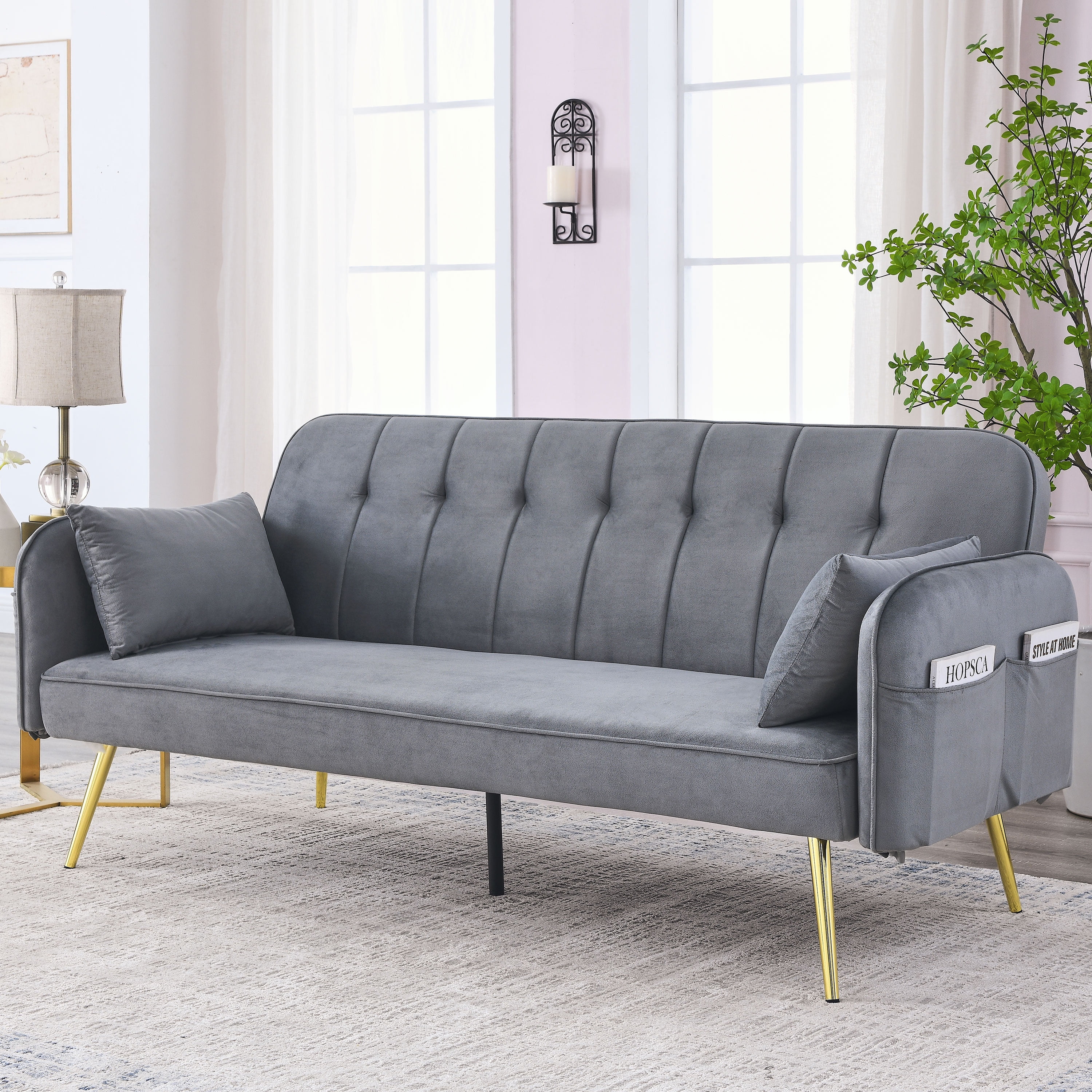 Leumius 72.5 Convertible Sofa Bed Adjustable Velvet Folding Futon Sofa Bed with Golden Metal Legs and Side Pockets Grey