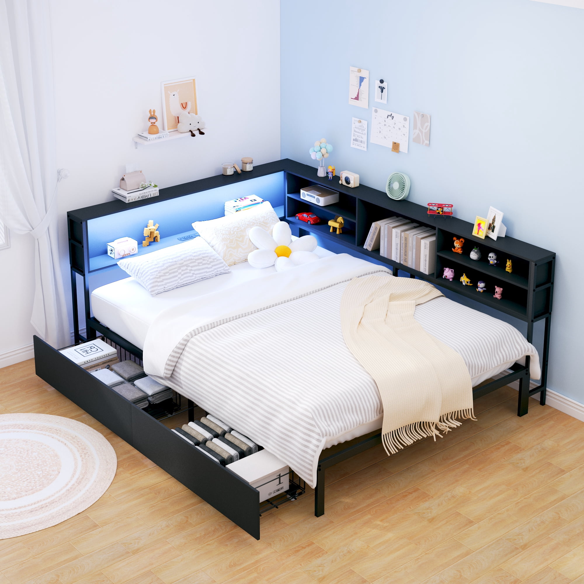 Leumius Corner Full Bed Frame with Storage Drawers, Bookcase Headboard ...