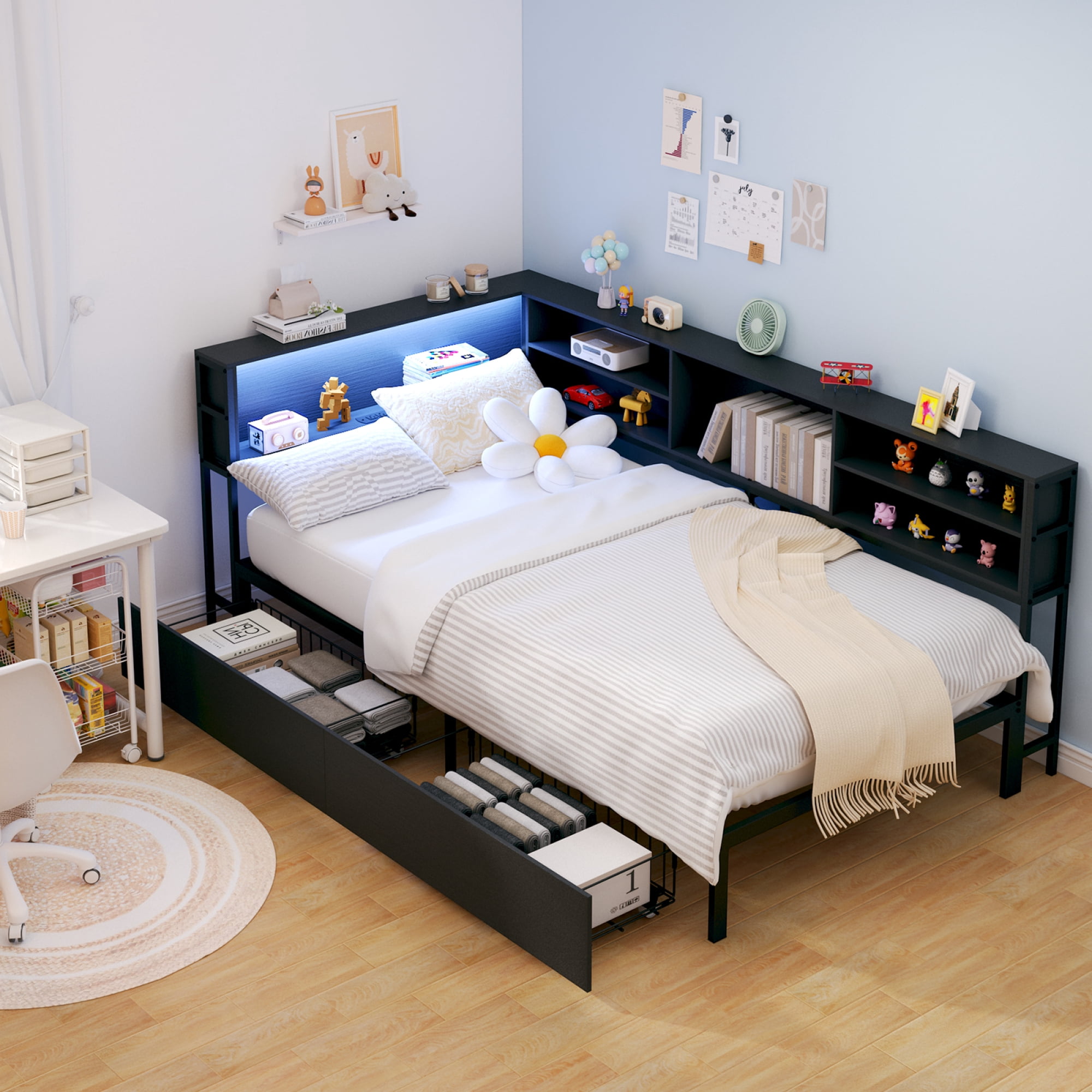 Leumius Corner Twin Bed Frame with Storage Drawers, Bookcase Headboard ...