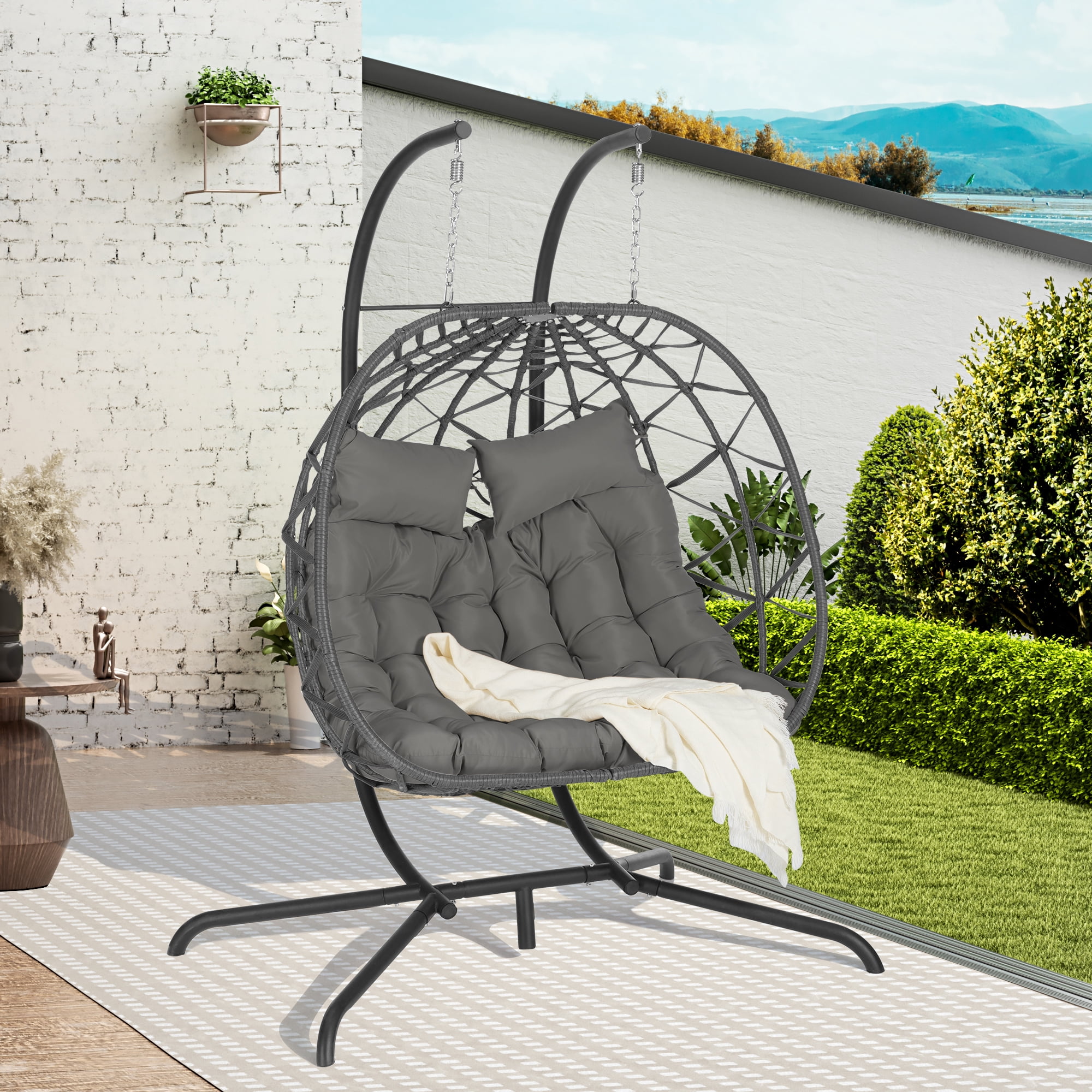 Leumius Double Egg Chair with Stand,Indoor Outdoor Wicker Swing Egg ...