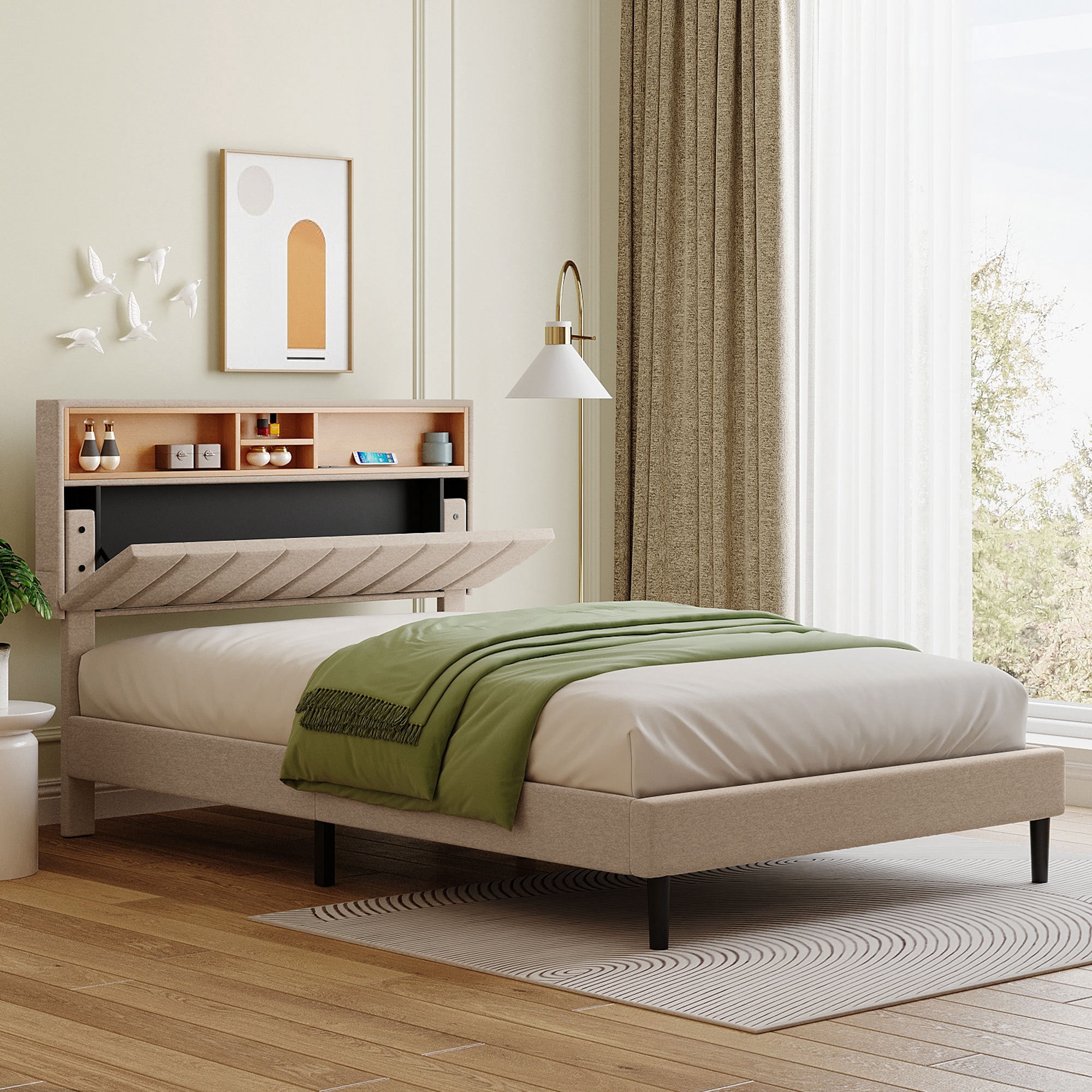 Leumius Full Size Upholstered Platform Bed with Storage Headboard and ...