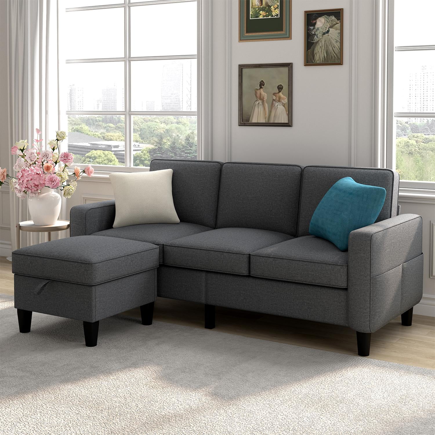 Leumius L-Shaped Convertible Chaise Lounge,3-Seat Reversible Ottoman ...