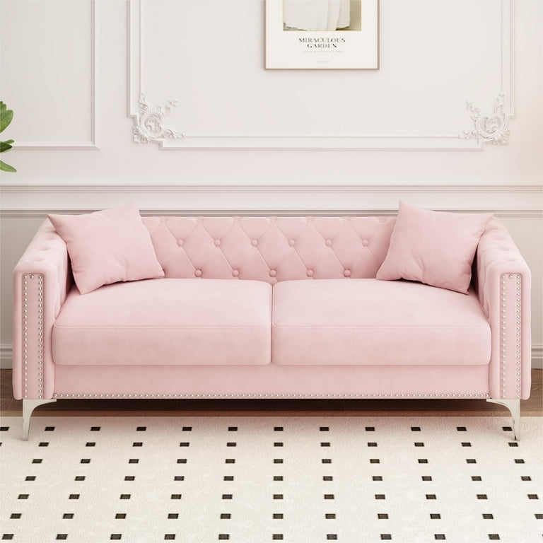 Leumius Pink Sofa Couch Modern Velvet Upholstered Couch Casual Sofa for Large and Small Spaces with 2 Pillows 83 Inch Walmart