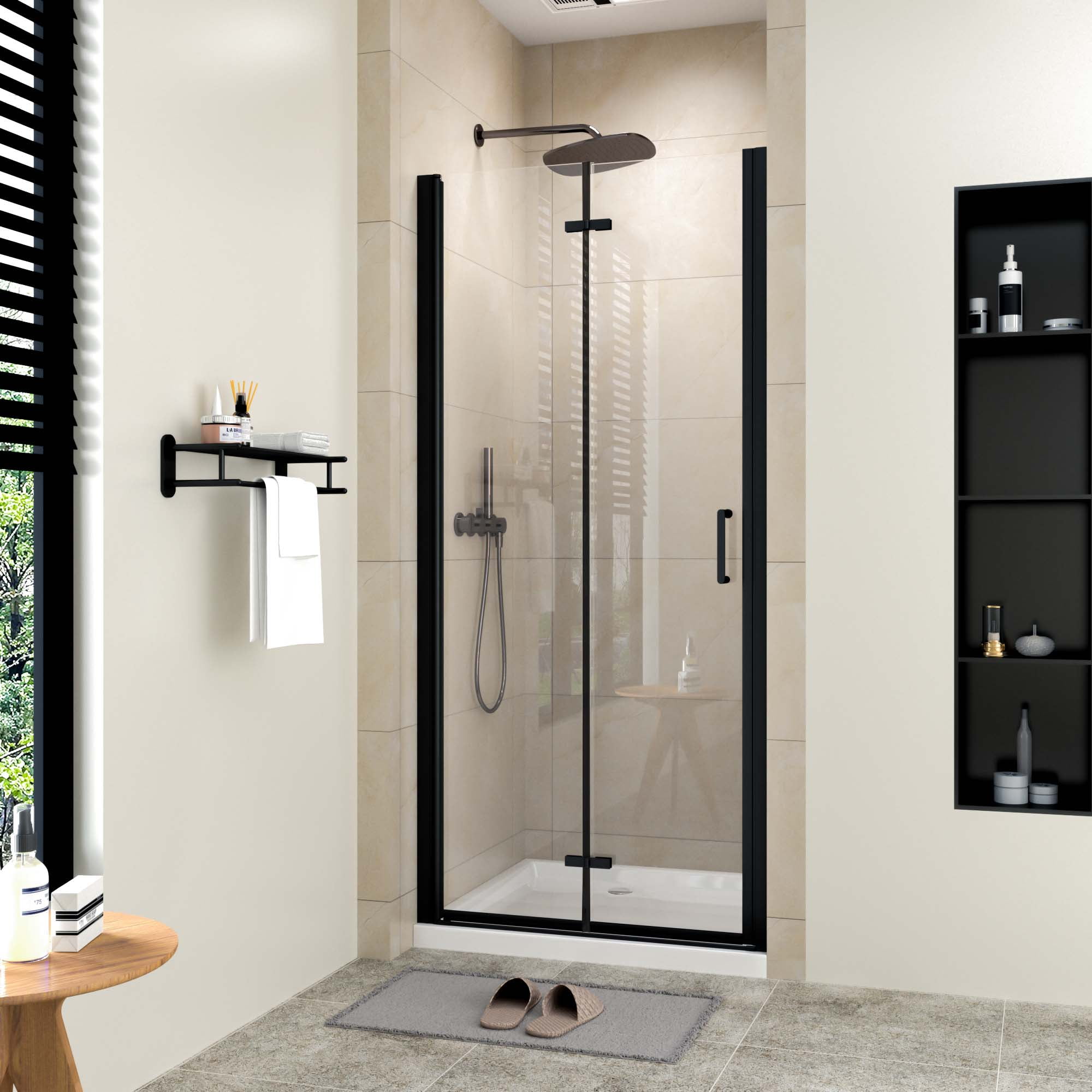 Leumius Pivot Shower Doors, 34" W x 72"H Frameless Bi-fold SwingShower ...