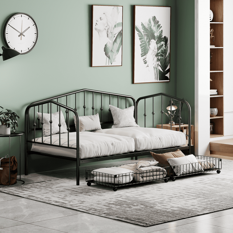 Leumius Twin Size Metal Daybed with 2 Drawers Metal Sofa Bed Frame w Steel Slat Support Pop Up Trundle Space saving Easy Assemble Black Size