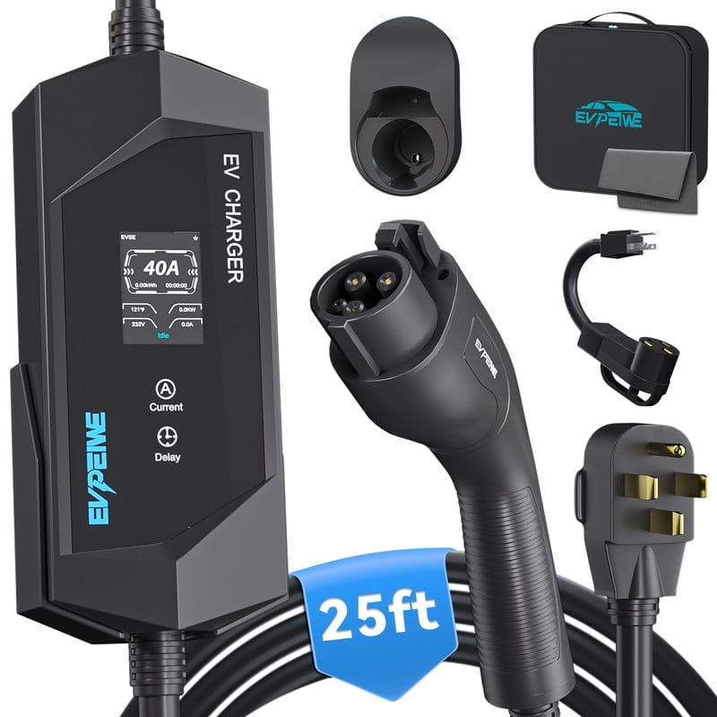 EVPEIWE Level 1/2 EV Charger 40A 25ft, 110-240V Portable EV Charger ...