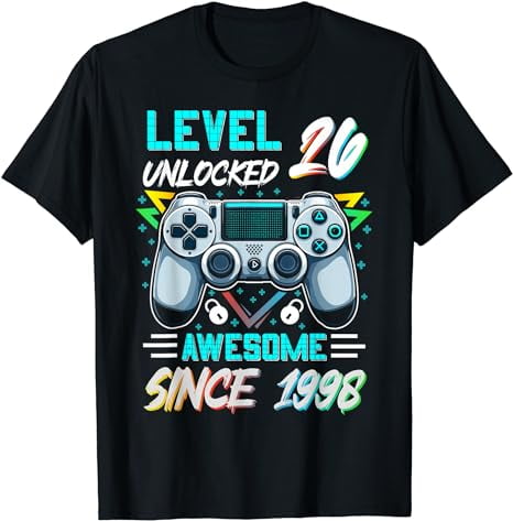 Level 26 Unlocked awesome since 1998 26th birthday gamer men T-Shirt ...
