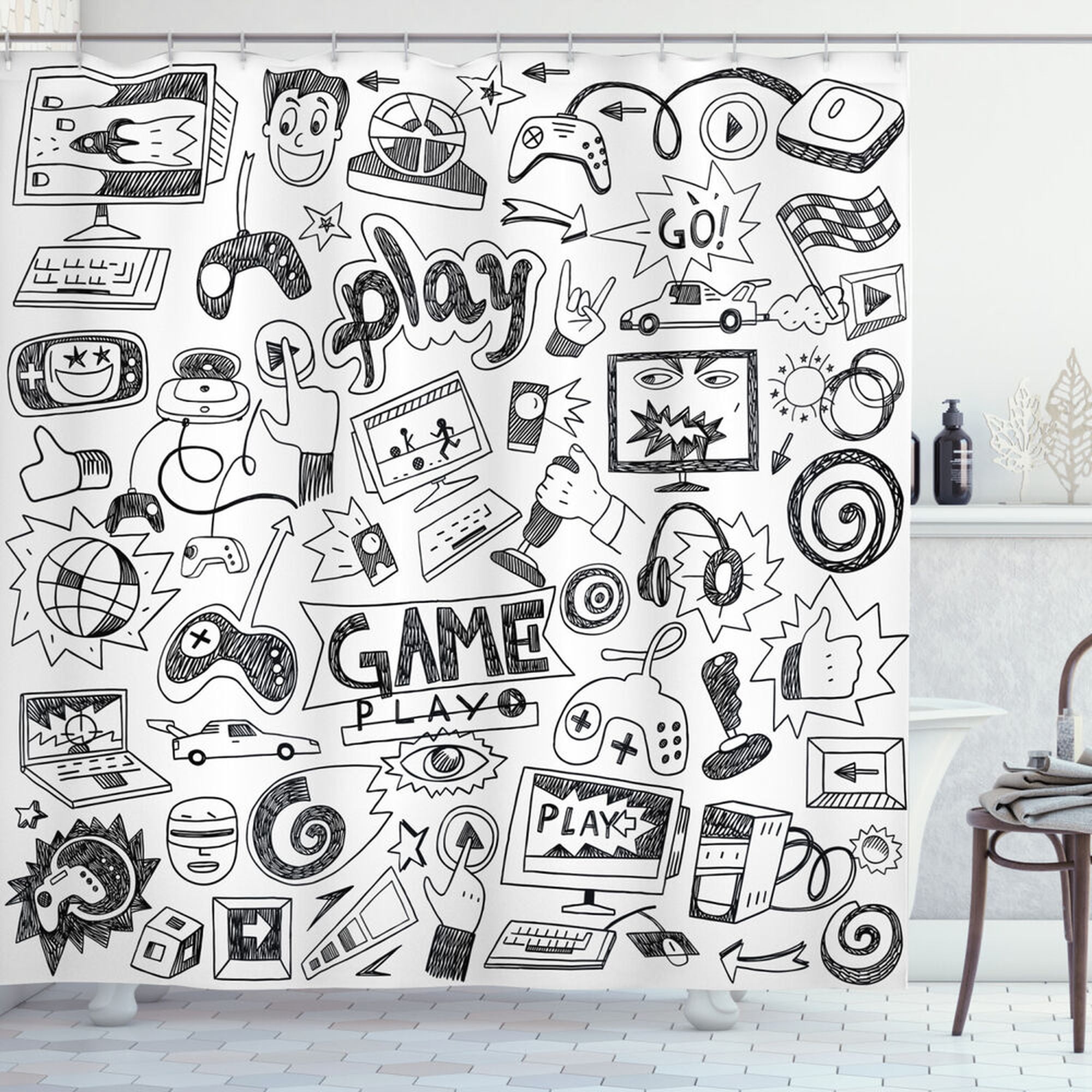 Level Up Your Bathroom Decor with Sketch Style Gaming Print Shower ...