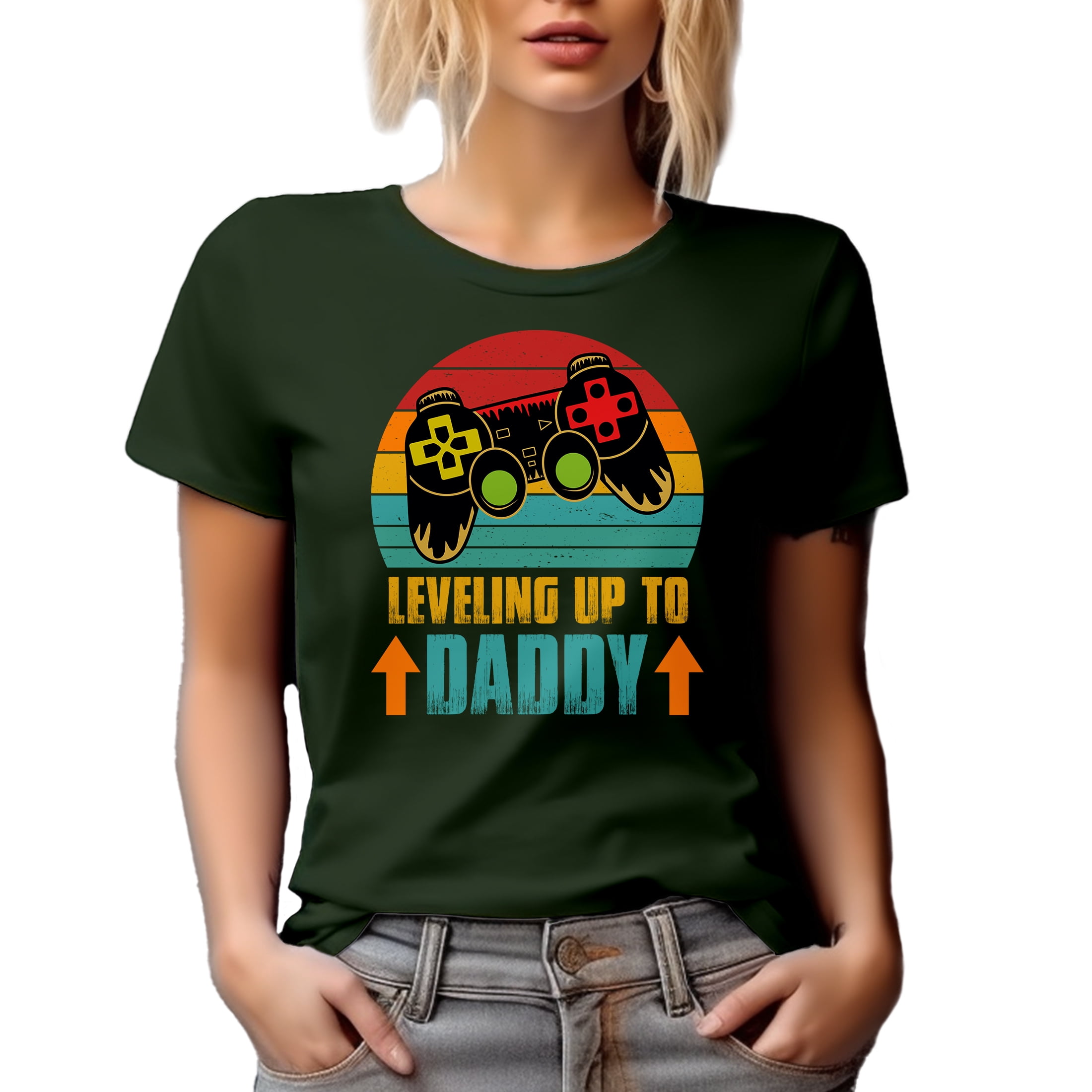 Leveling Up to Daddy - Baby Shower, Pregnancy Announcement, Video Gamer Dad, Military Green T ...