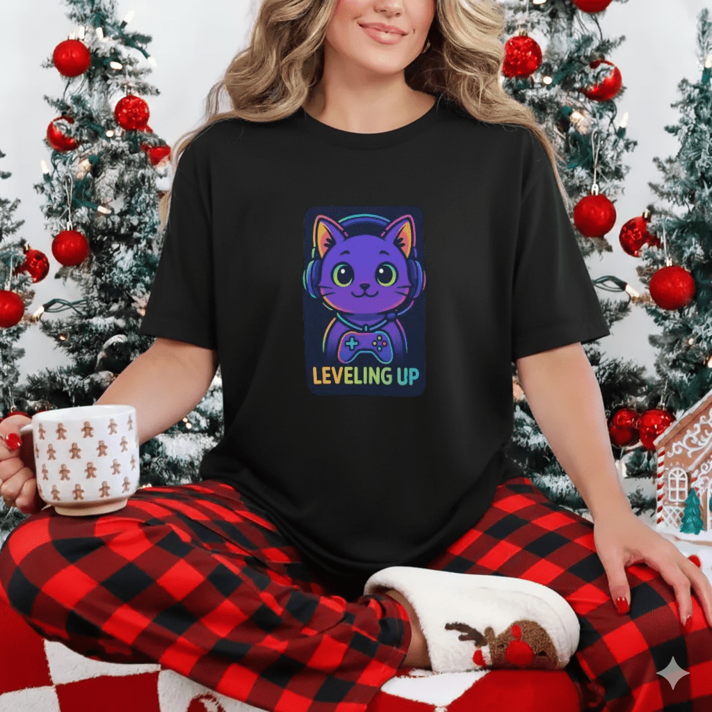 Levelupcat Classic Neon Kawaii Gamer Cat Leveling Up Design Unisex T ...