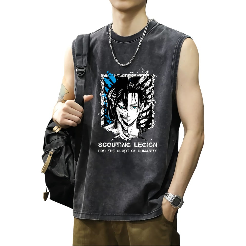 Leveorch Attack On Titan Washed Tank Tops Anime Mens Summer Sleeveless ...