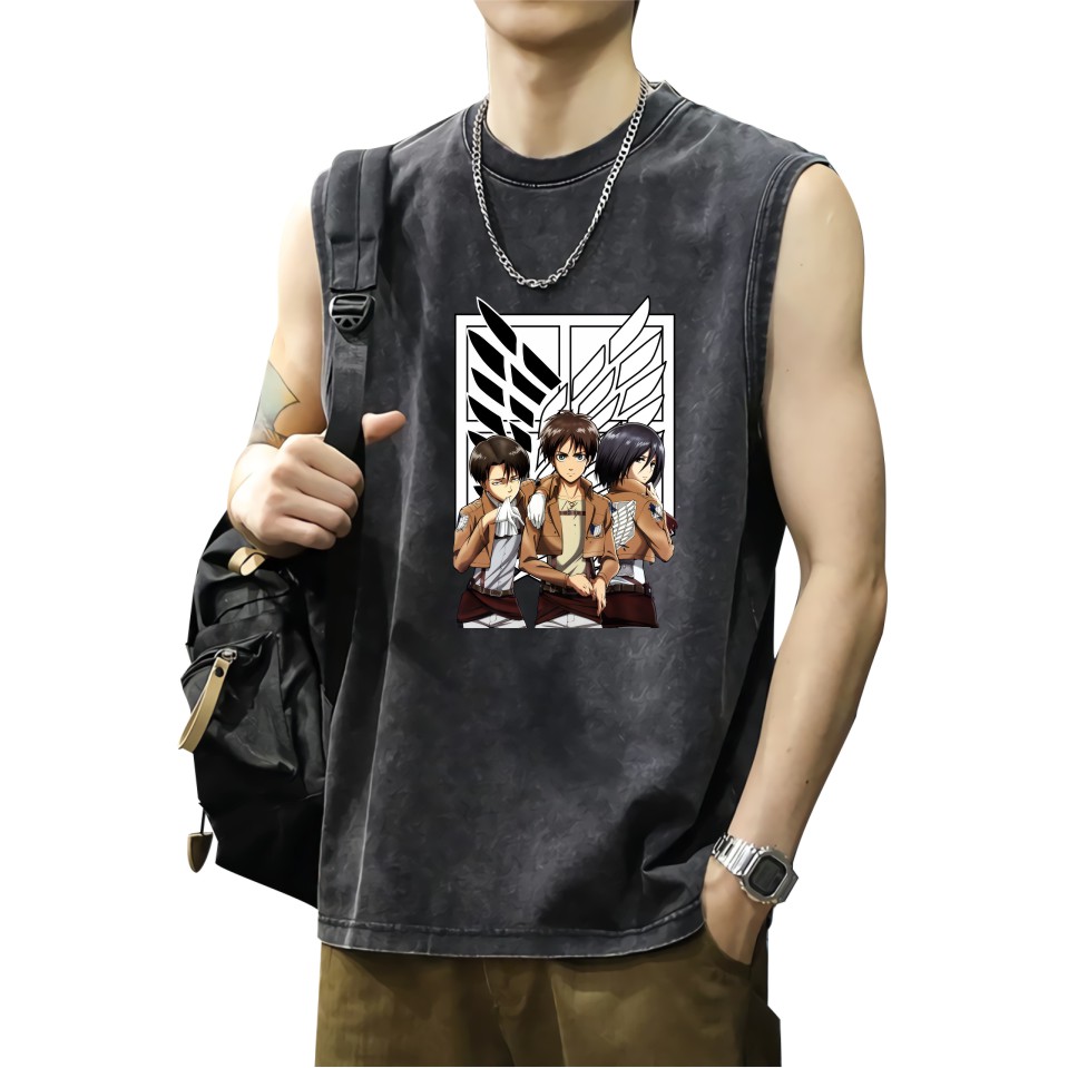 Leveorch Attack On Titan Washed Tank Tops Anime Mens Summer Sleeveless ...