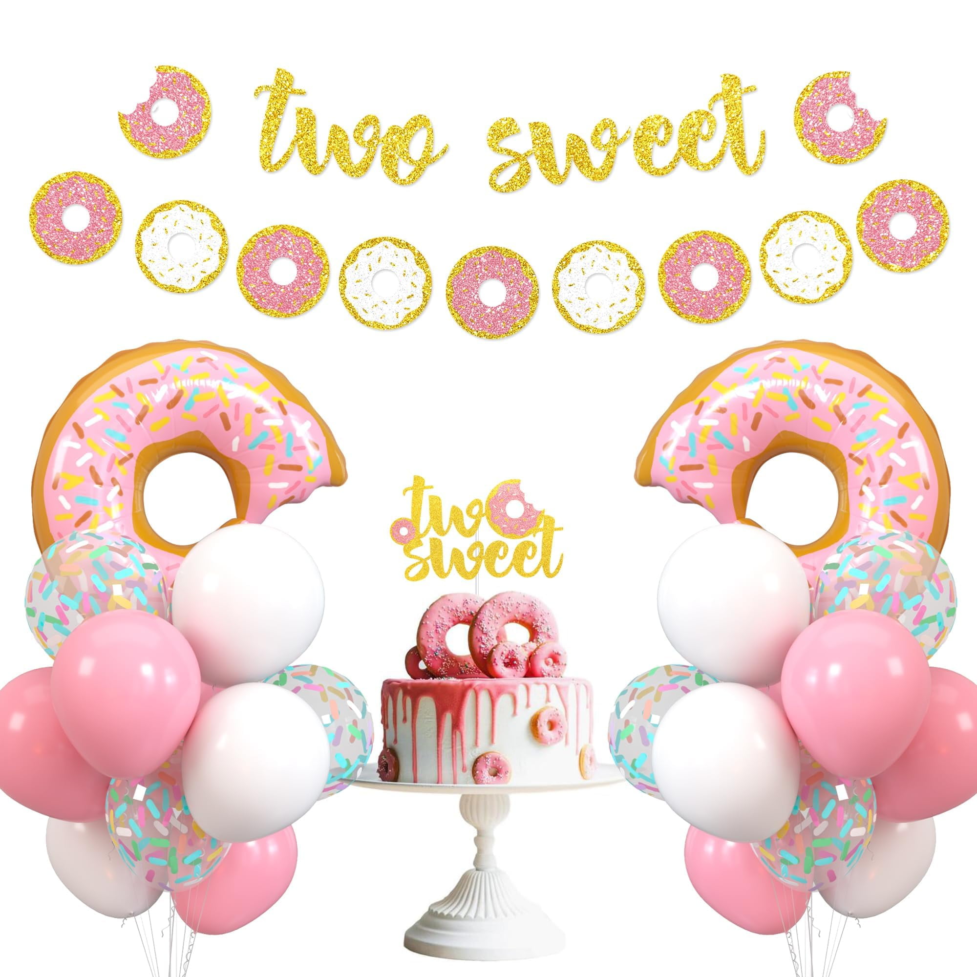 Levfla Two Sweet Donut Party Decoration Baby Second Birthday Glitter ...