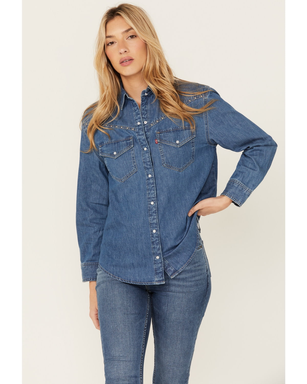 Levi's Women's Dark Medium Wash Sawyer Western Denim Studded Shirt ...