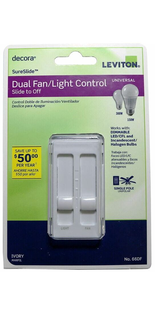Leviton 3001339 Decora Sureslide Fan & LED Dimmer Slide Switch, Ivory ...