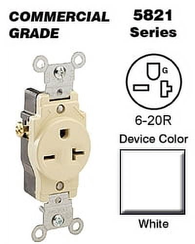 Leviton 5821-W Single Receptacle Commercial Grade 6-20R 20A 250V Side ...