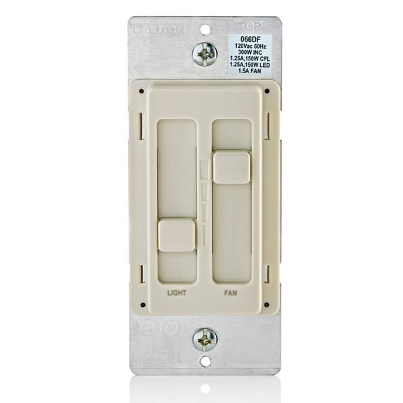 Leviton 66DF-T Dimmer Slide Switch Decora SureSlide Light Almond Fan ...