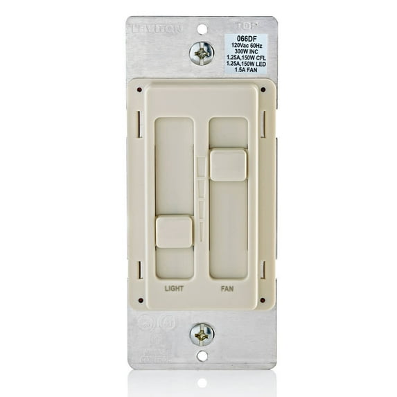 Leviton 66DF-T Dimmer Slide Switch Decora SureSlide Light Almond Fan ...