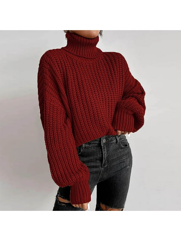 SEARIPE Women Solid Turtleneck Sweater Casual Long Sleeve Knitted Pullover Sweater Tops with ...