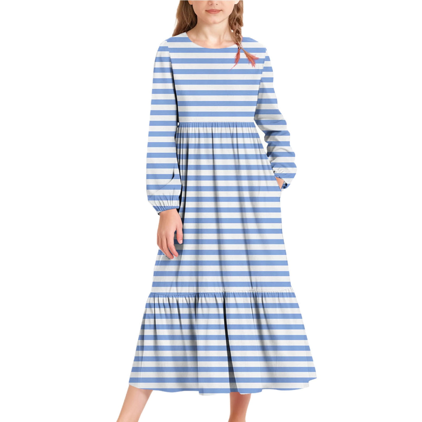 Levmjia Girls Long Sleeve Striped Dress 4 - 15Y Round Neck Side Pockets ...