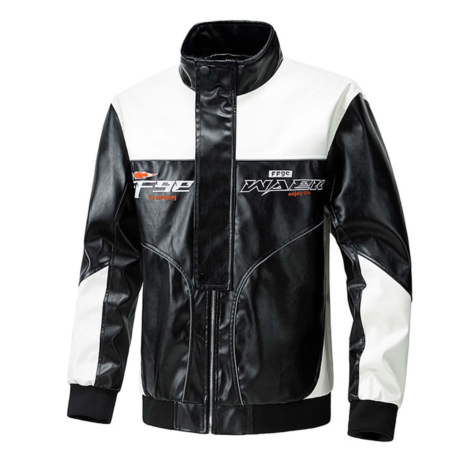 Levmjia Men's Embroidered Colorblock PU Leather Jacket Zipper Snap ...