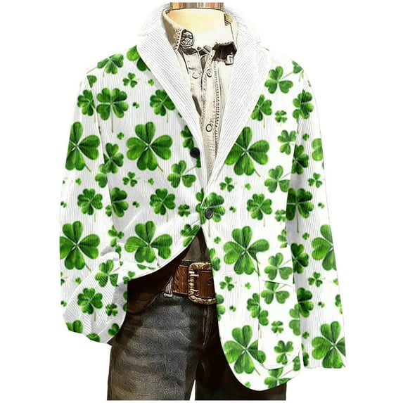 Levmjia Men's St. Patrick's Day Corduroy Blazer Green Clover Print ...