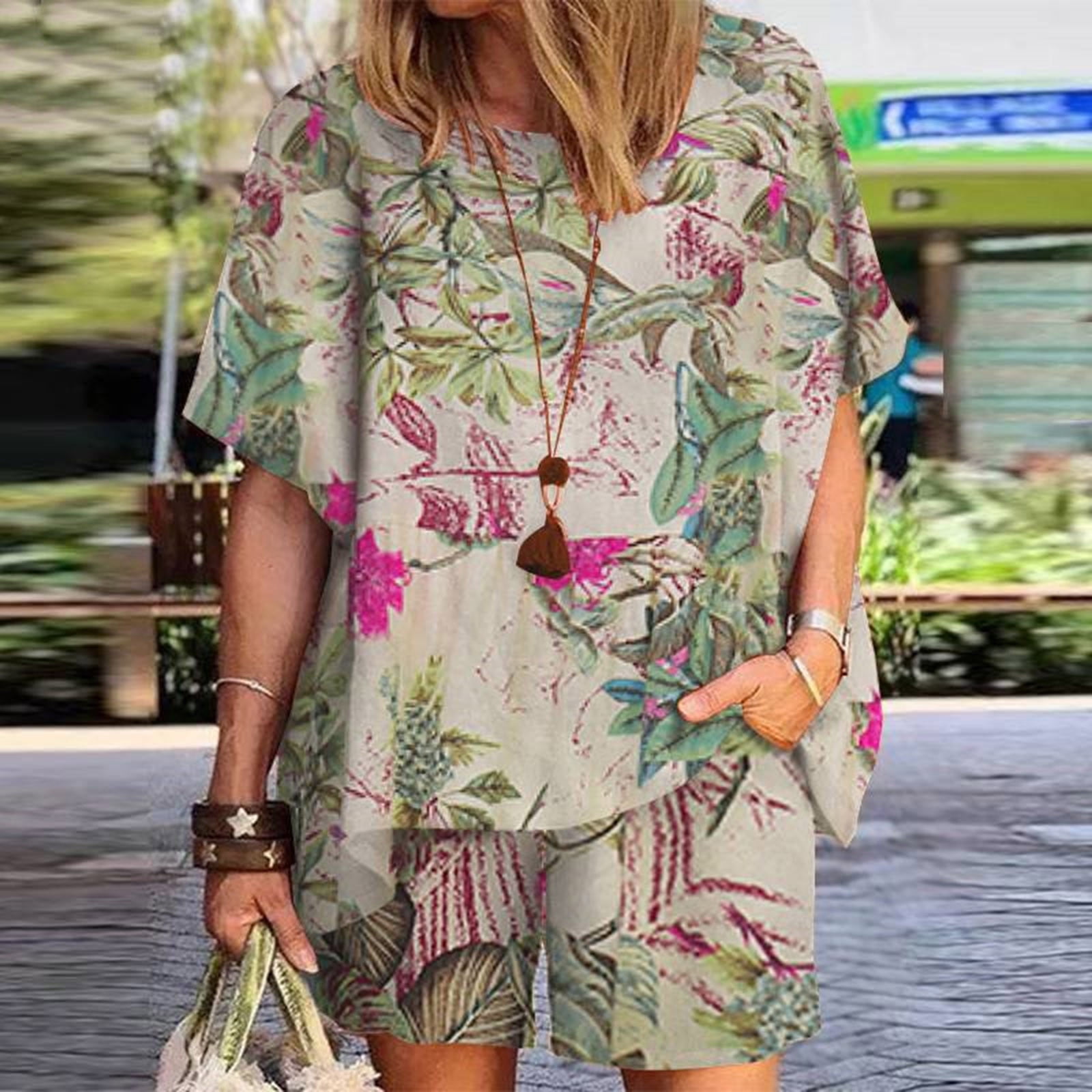 Levmjia Plus Size Womens Shorts Summer Round Neck Trendy Printed Short ...
