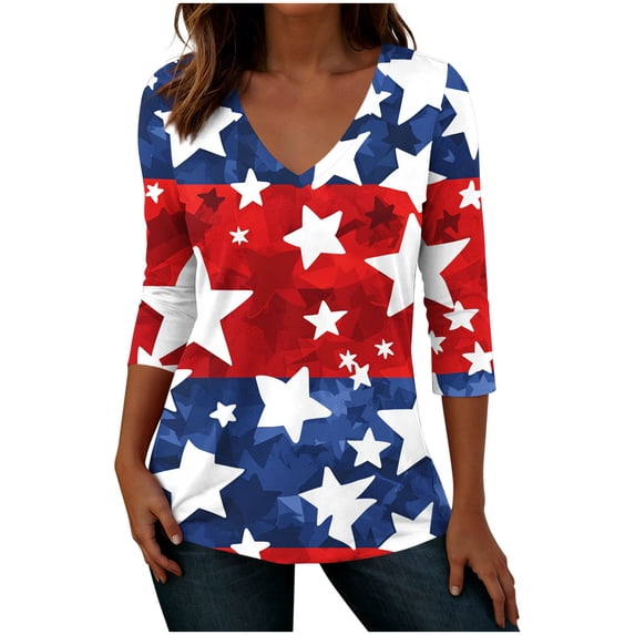 Levmjia Women T-Shirt Patriotic American Flag Star Print V Neck 3/4 ...