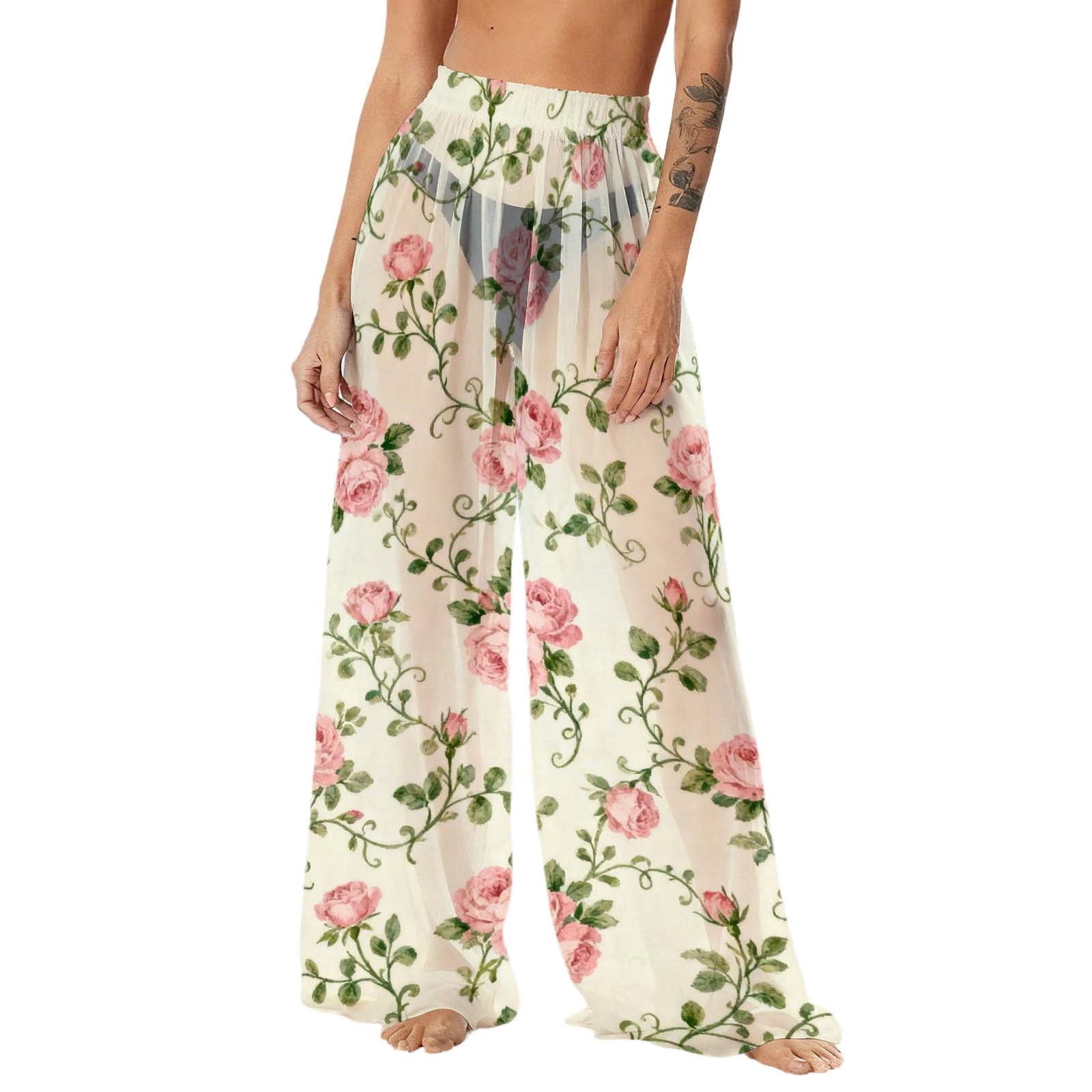Levmjia Women's Boho Chiffon Beach Pants Wide Leg Print Sun Protective ...