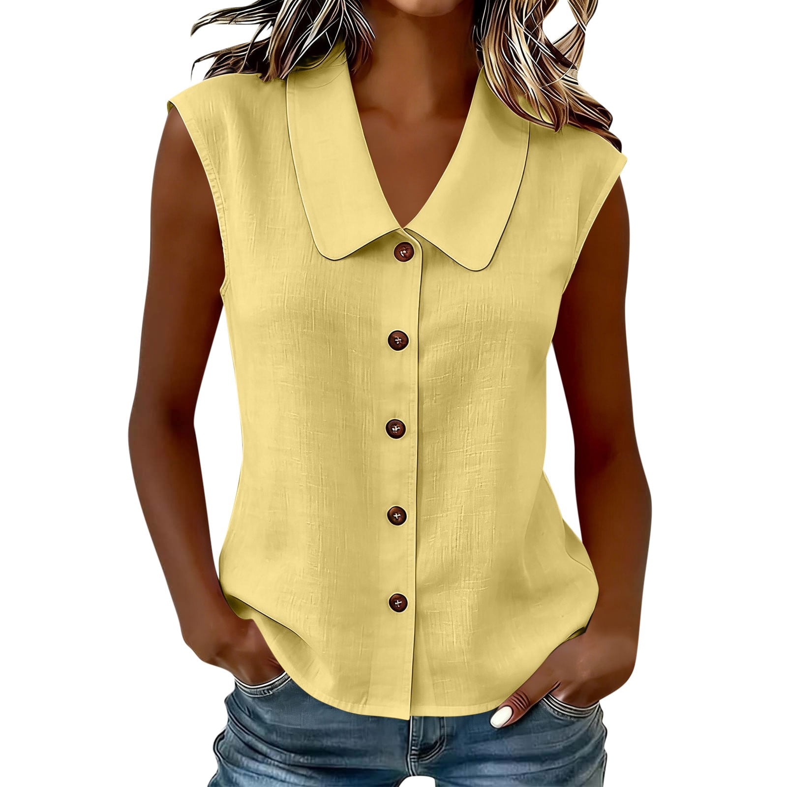 Levmjia Women's Sleeveless Button Down Shirt Peter Pan Collar Casual ...