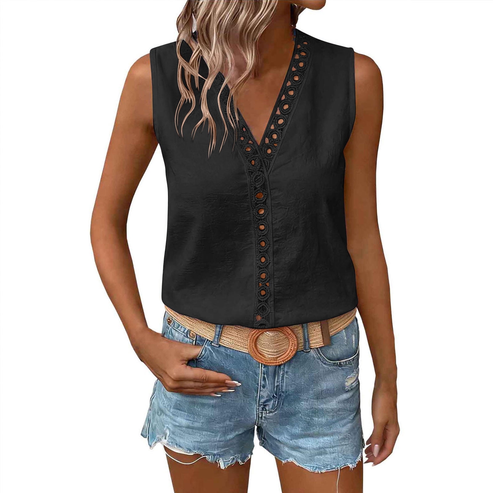 Levmjia Women's Sleeveless V Neck Tank Top Solid Color Casual Summer ...