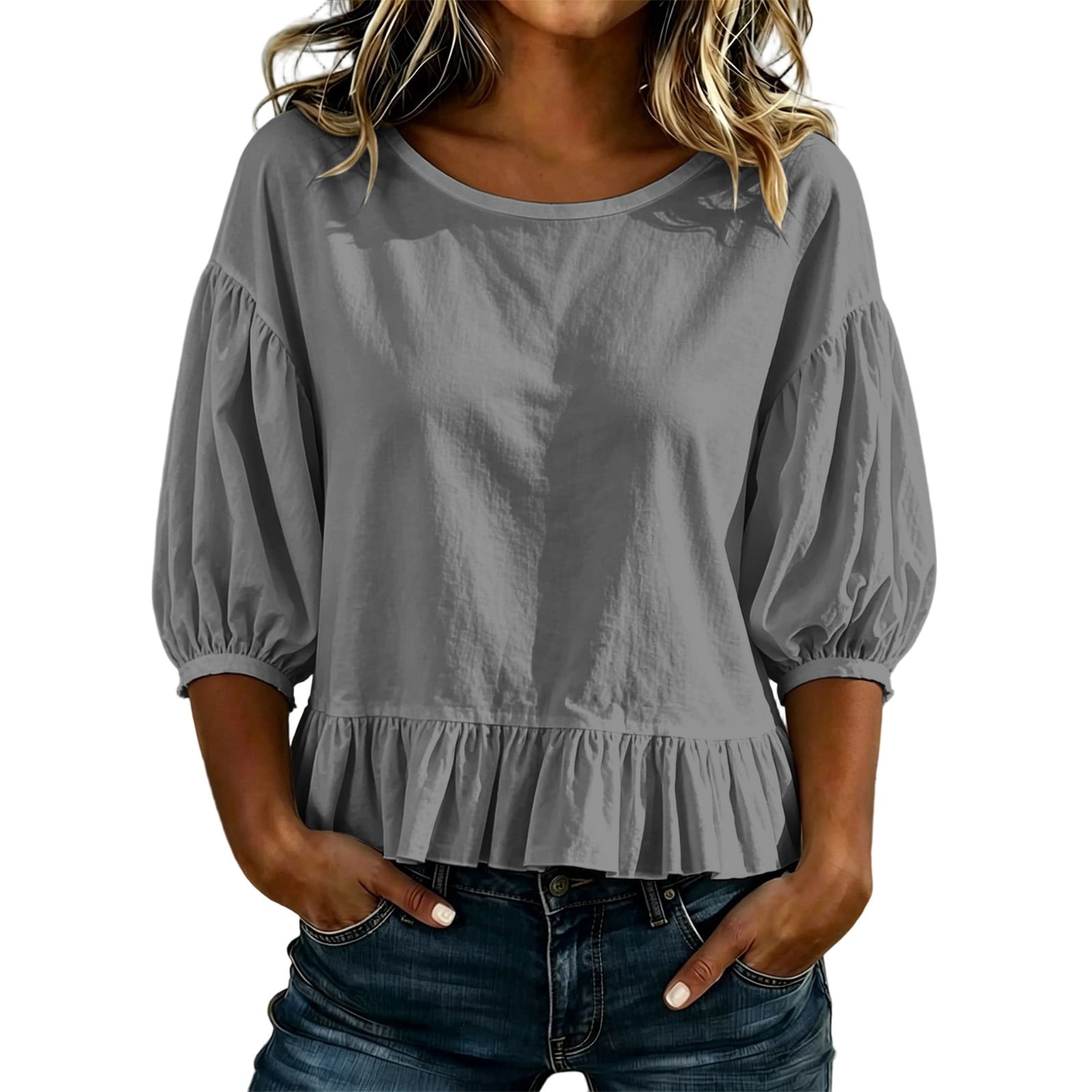Levmjia Women's Solid Color Babydoll Top Square Neck Puff Sleeves Tie ...