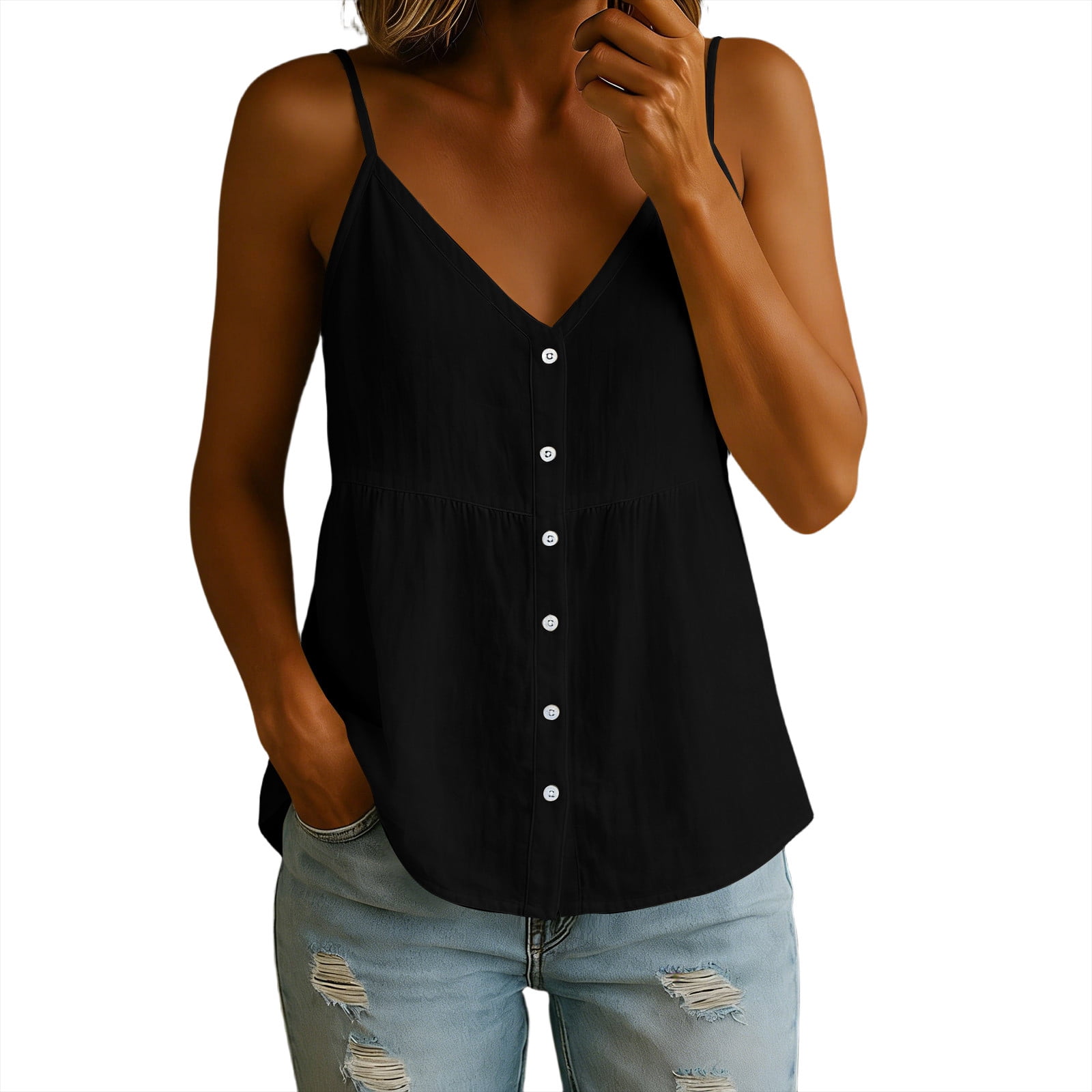 Levmjia Women's V Neck Camisole Tank Top Solid Color Button Down ...