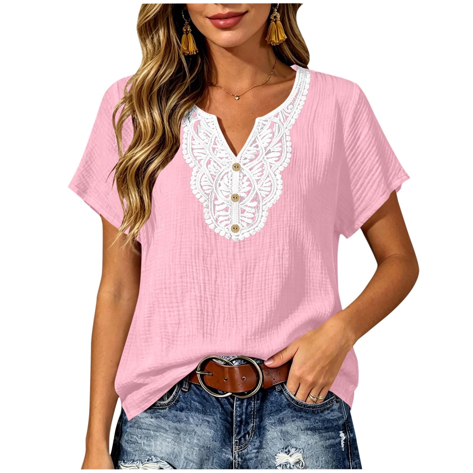 Levmjia Women's V Neck Short Sleeve Blouse Solid Color Casual Summer ...