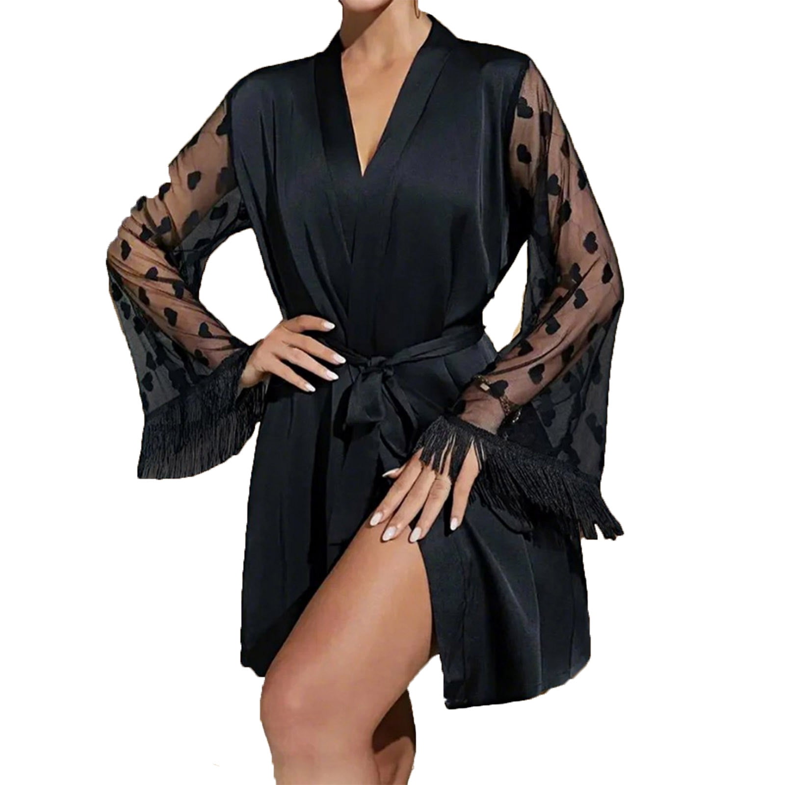 Levmjia Womens Bathrobe Satin Robe V-Neck Sheer Heart Print Flared ...