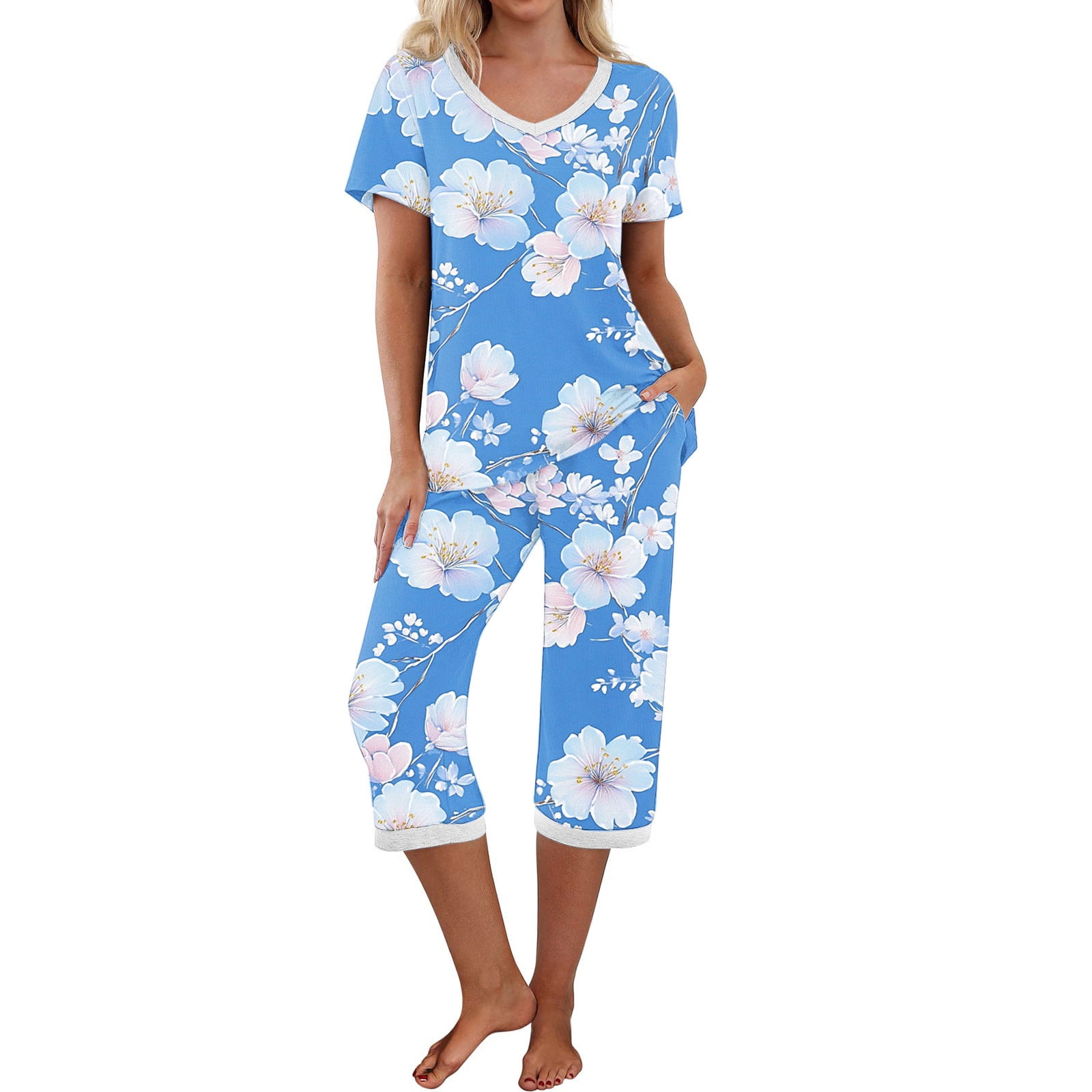 Levmjia Womens Summer Pajama Set Short Sleeve V Neck Cotton Sleepwear ...