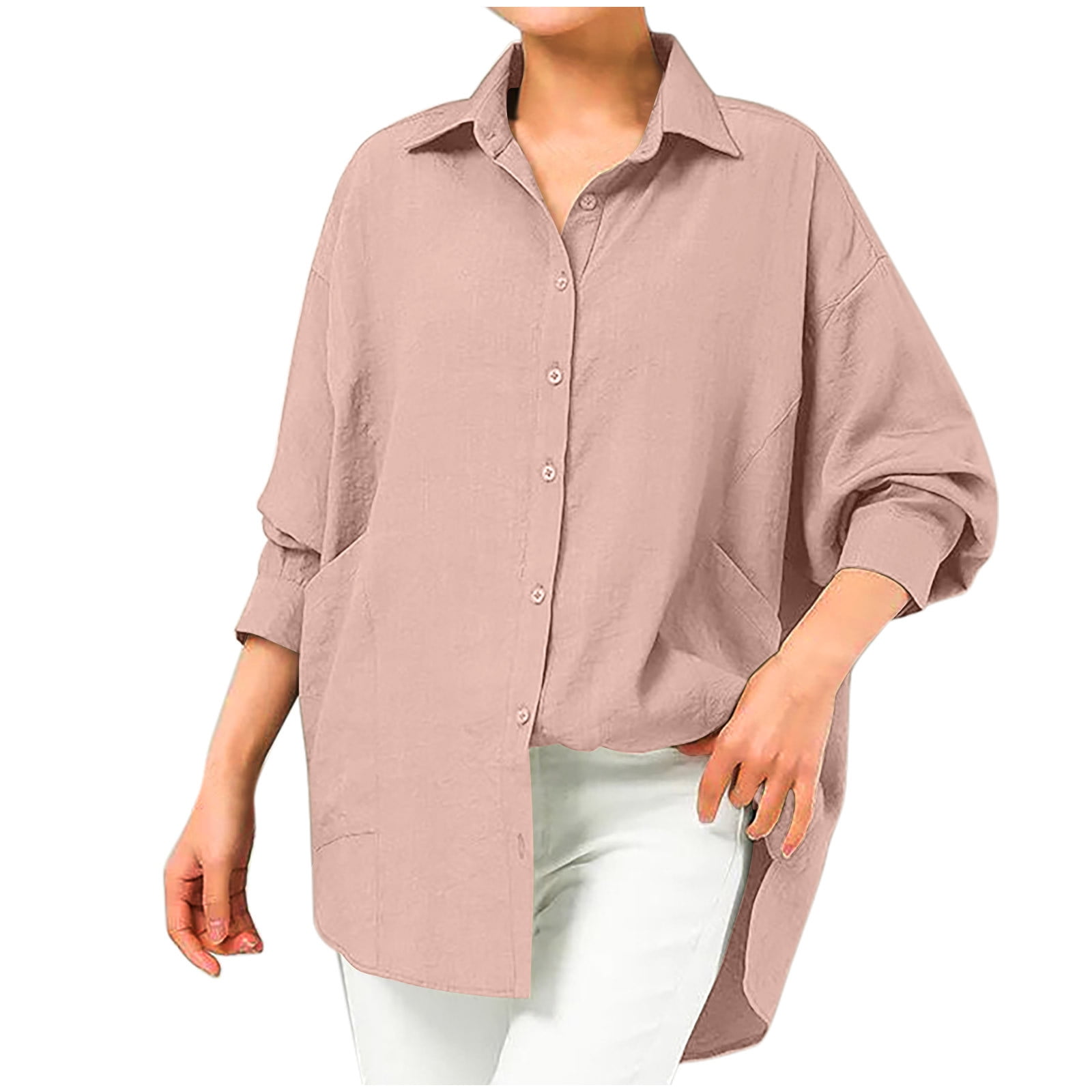 Levmjia Womens Tops Long Sleeve Round Neck Cotton Blouse Casual Solid ...