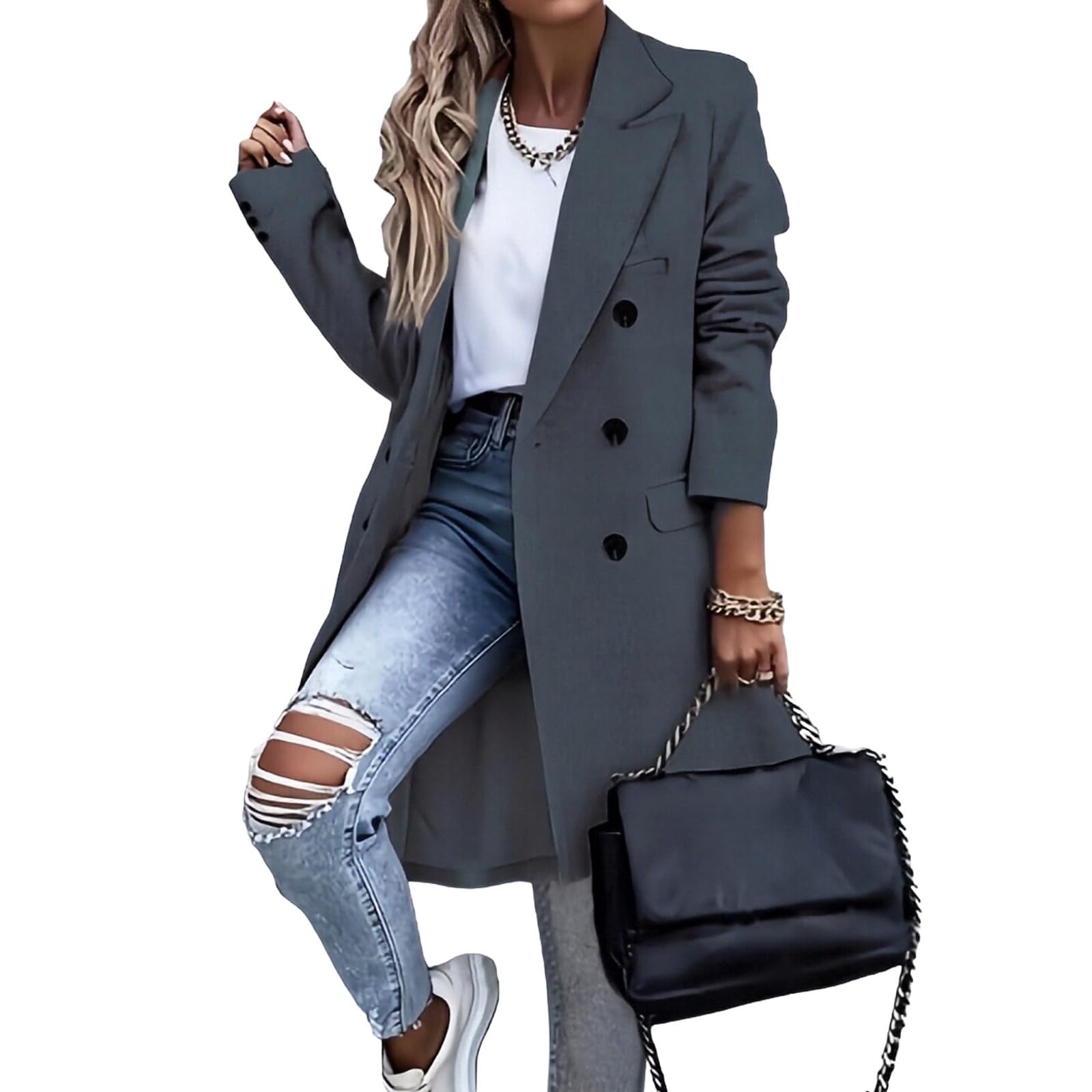 Levmjia Womens Wool Coat Double Breasted Pure Color Long Jacket Lace Up ...